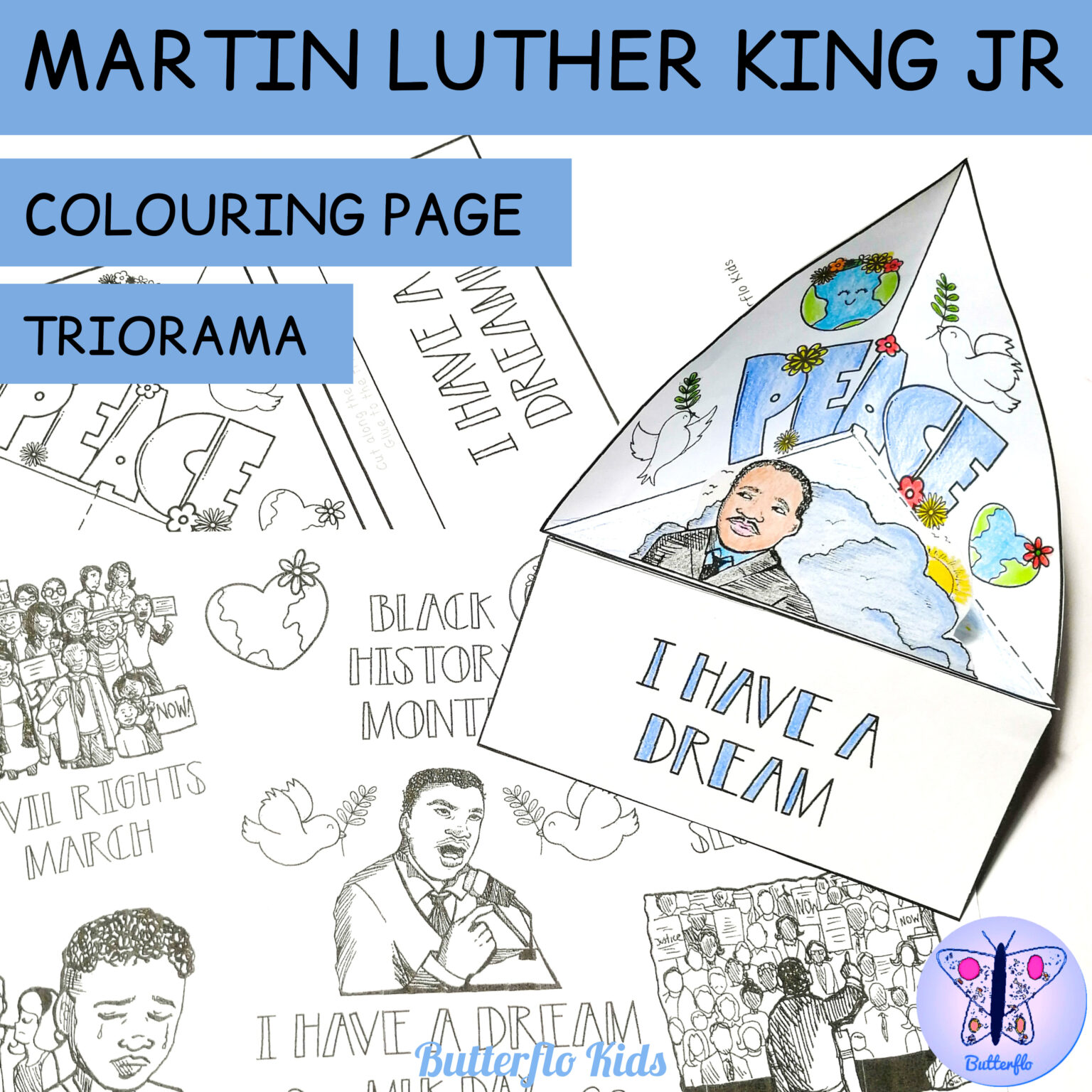 Martin Luther King Jr Colouring Page and Triorama - Butterflo Kids