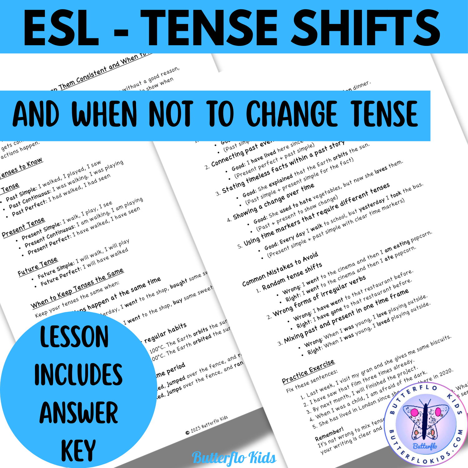 Shifts in Verb Tense Easy ESL Lesson (B1/B2 Level) - Butterflo Kids