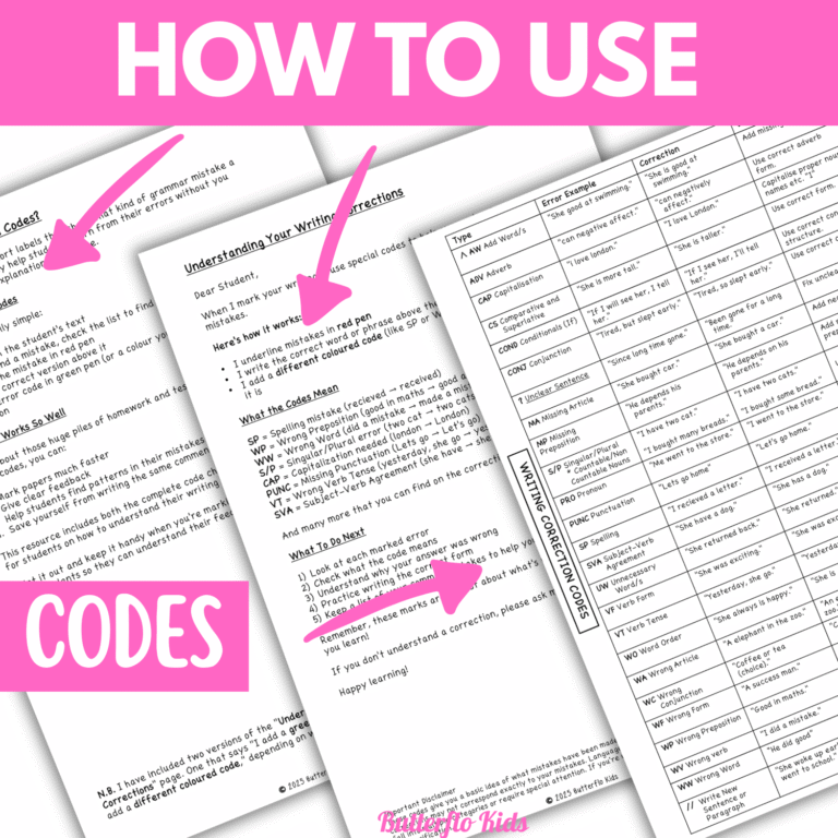 ESL Writing Correction Codes with Guide - Butterflo Kids
